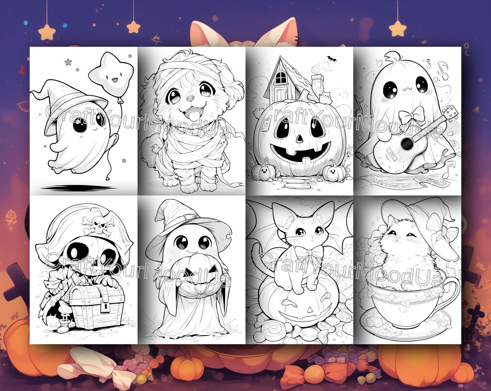 50 KAWAII HALLOWEEN CHARACTERS Coloring Pages Adult and Kids Anime ...