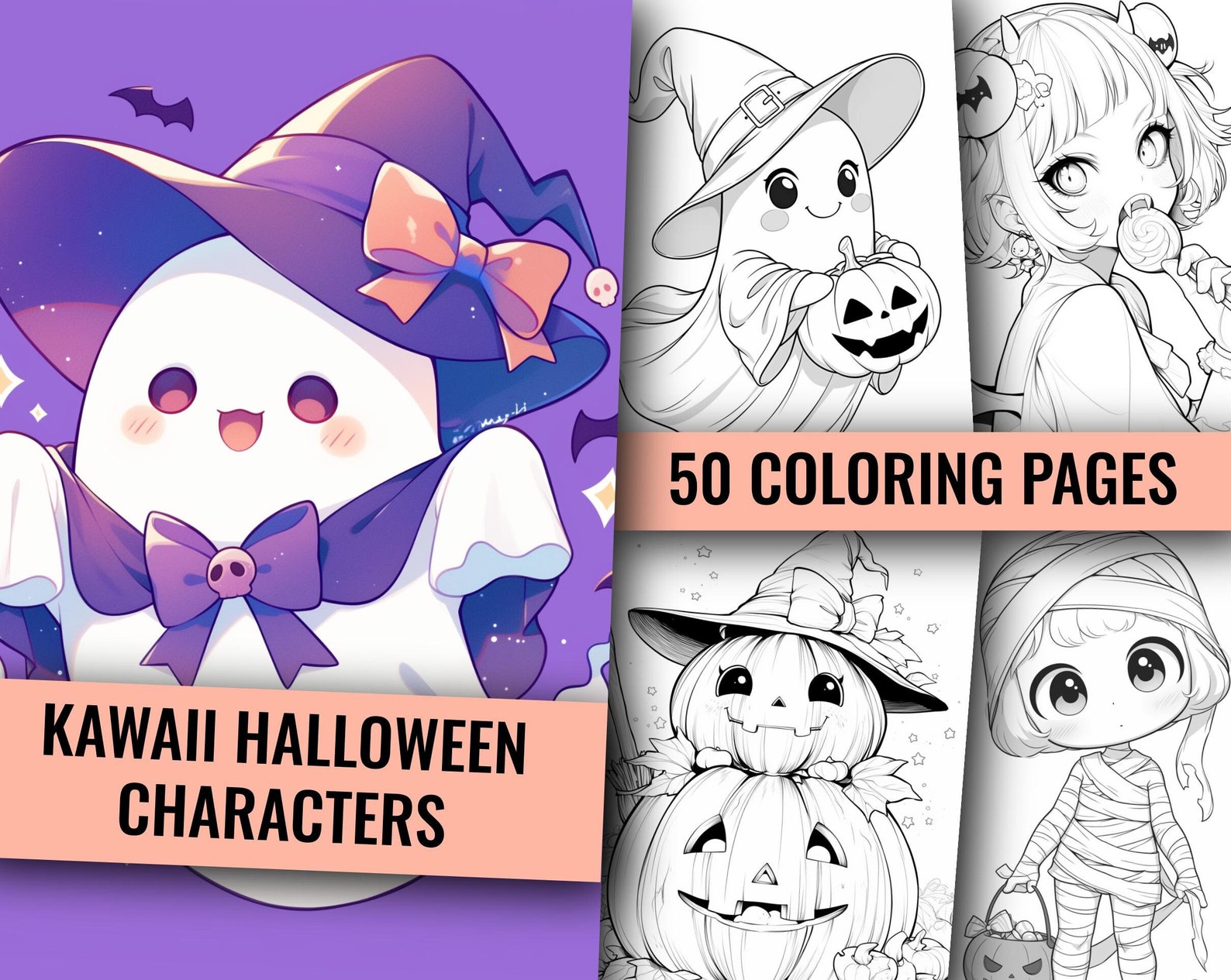 50 KAWAII HALLOWEEN CHARACTERS Coloring Pages Adult and Kids Anime ...