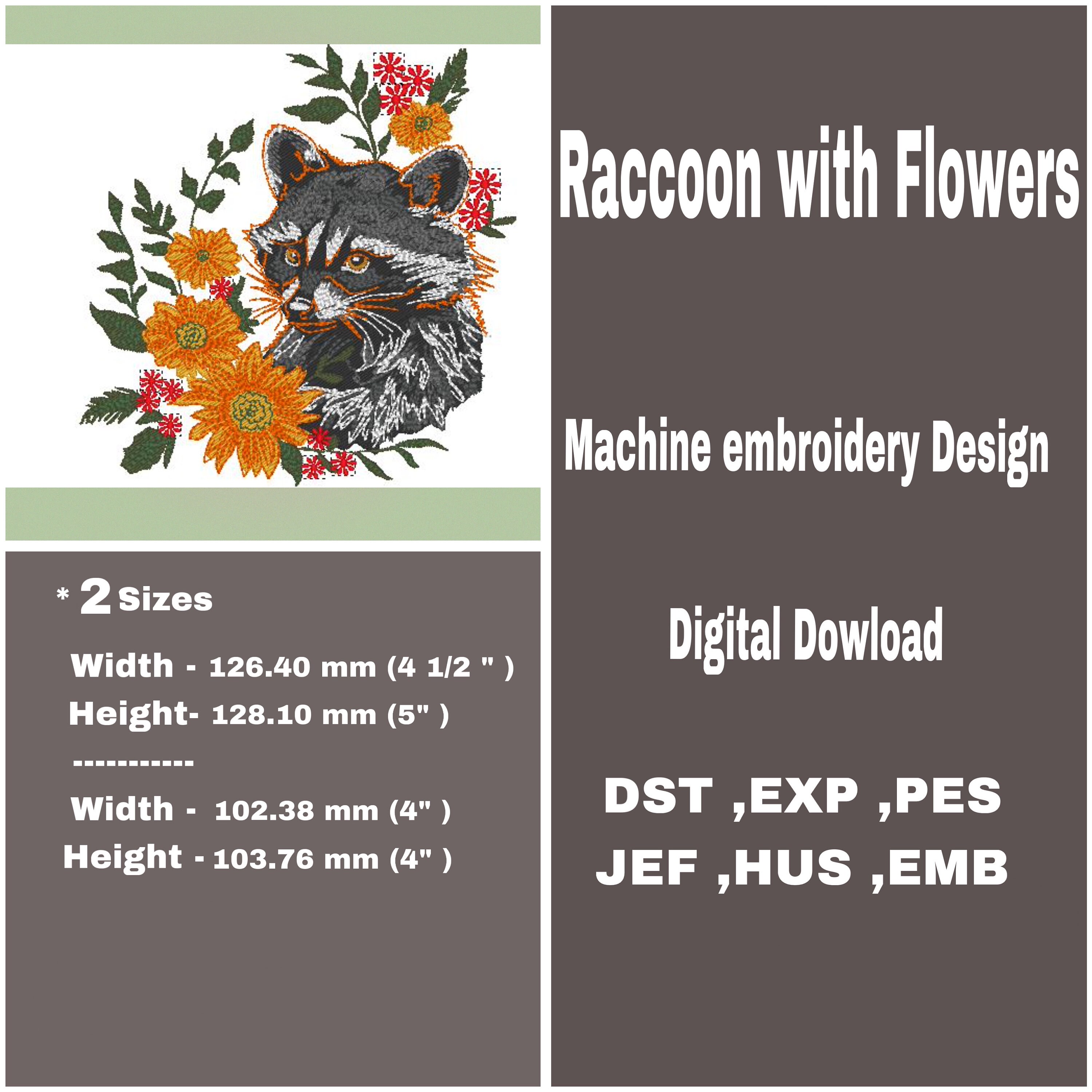 Machine Embroidery Design Raccoon With Flowers - Etsy