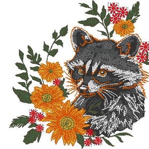 Machine Embroidery Design Raccoon With Flowers - Etsy