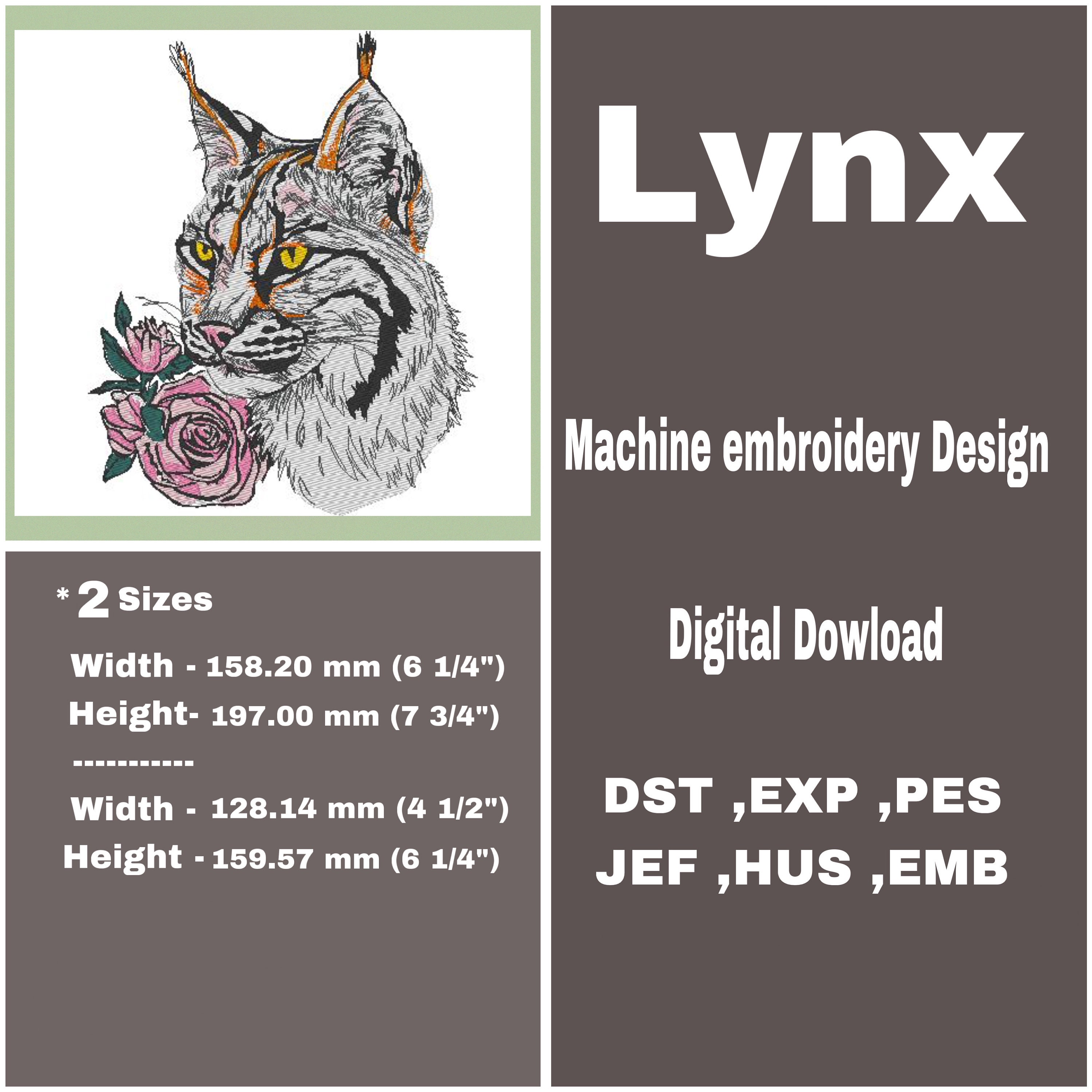 Lynx Machine Embroidery Design, Embroidery Designs, Machine Embroidery, 2 Sizes , Instant ...