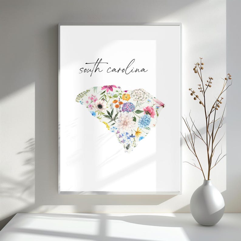 South Carolina Floral Map Printable, USA State Art, Digital Download ...