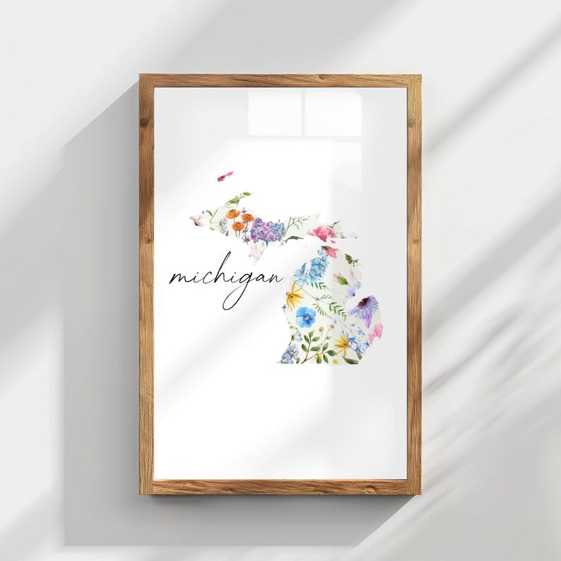 Michigan Floral Map Printable, USA State Art, Digital Download, Custom ...
