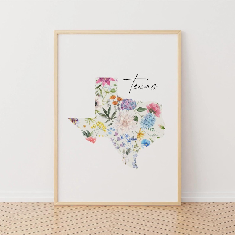 Texas Floral Map Printable, USA State Art, Digital Download, Custom ...
