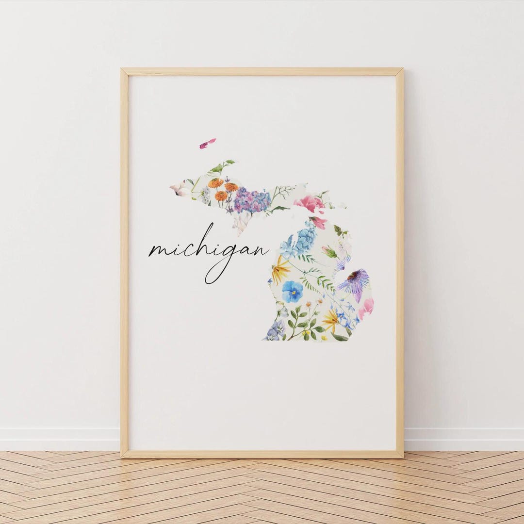 Michigan Floral Map Printable, USA State Art, Digital Download, Custom ...