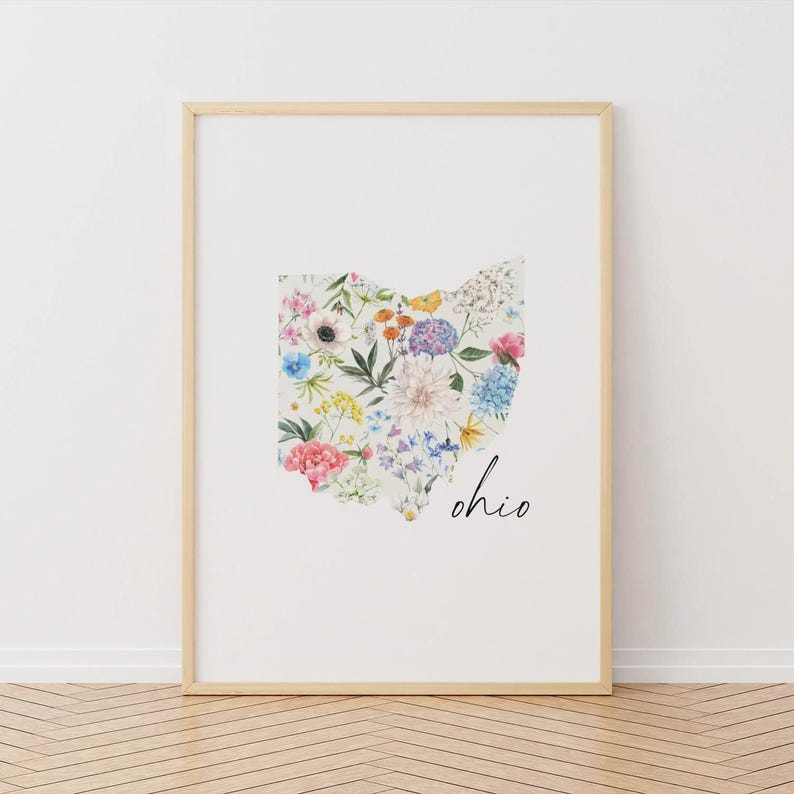 Ohio Floral Map Printable, USA State Art, Digital Download, Custom Size ...