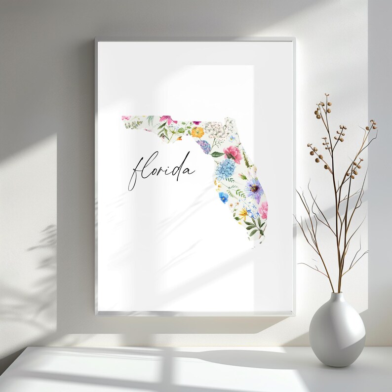 Florida Floral Map Wall Art Printable | Digital Download USA States ...