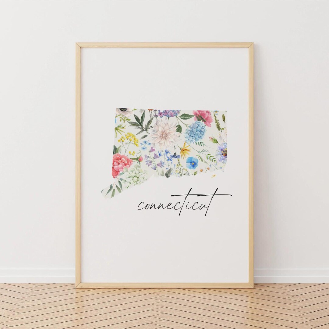 Connecticut Floral Wall Art Map Printable Digital Download, Nutmeg ...