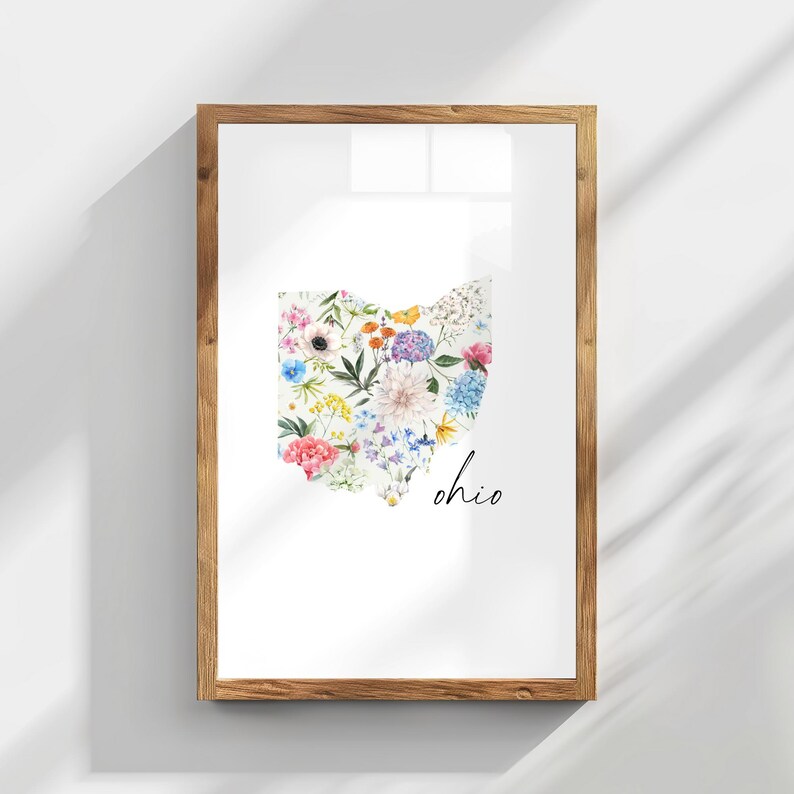 Ohio Floral Map Printable, USA State Art, Digital Download, Custom Size ...
