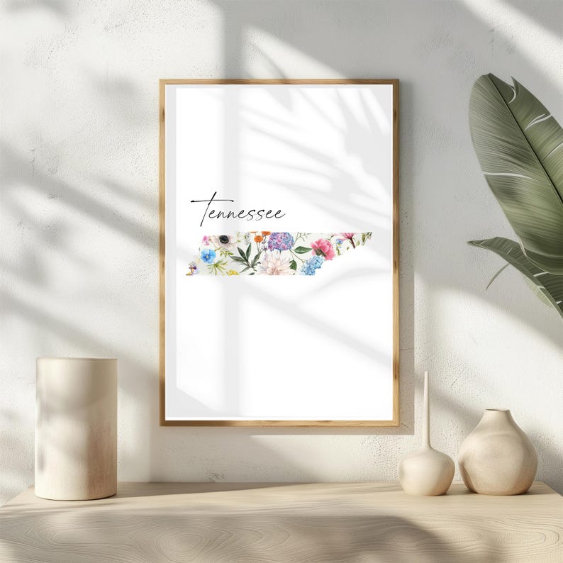 Tennessee Floral Map Printable, USA State Art, Digital Download ...