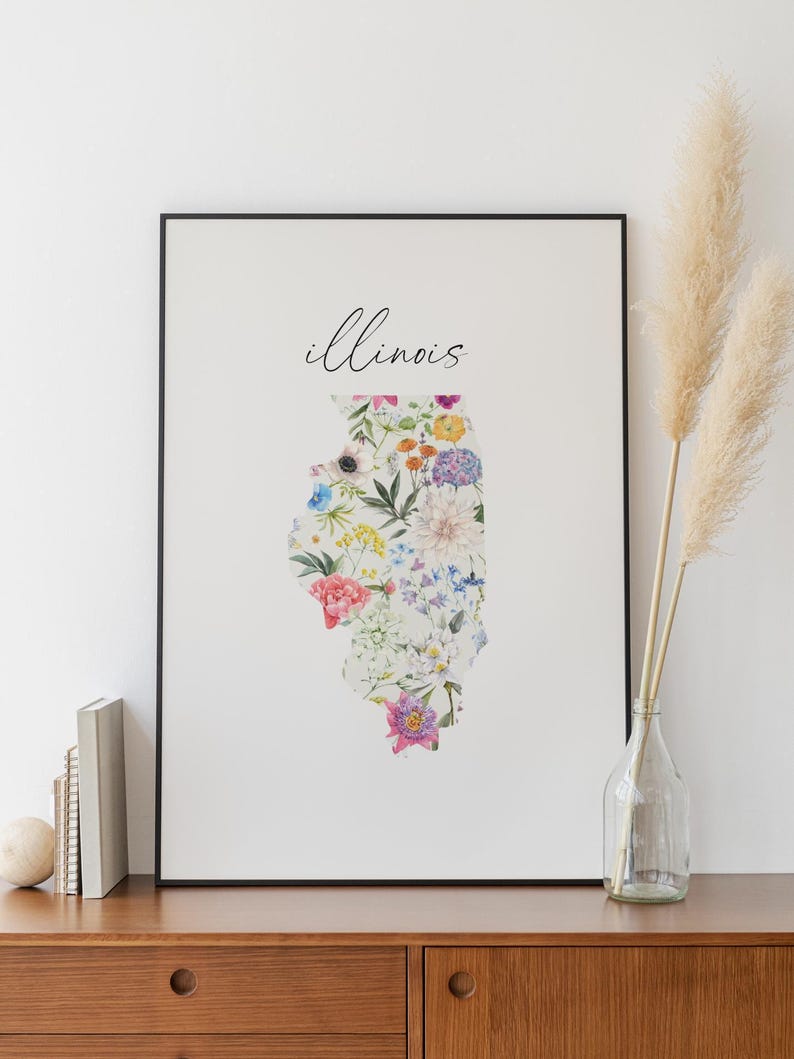 Illinois Floral Map Printable Wall Art, Digital Download, Custom Size ...