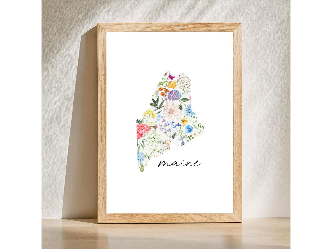 Maine Floral Map Printable, USA State Art, Digital Download, Custom ...