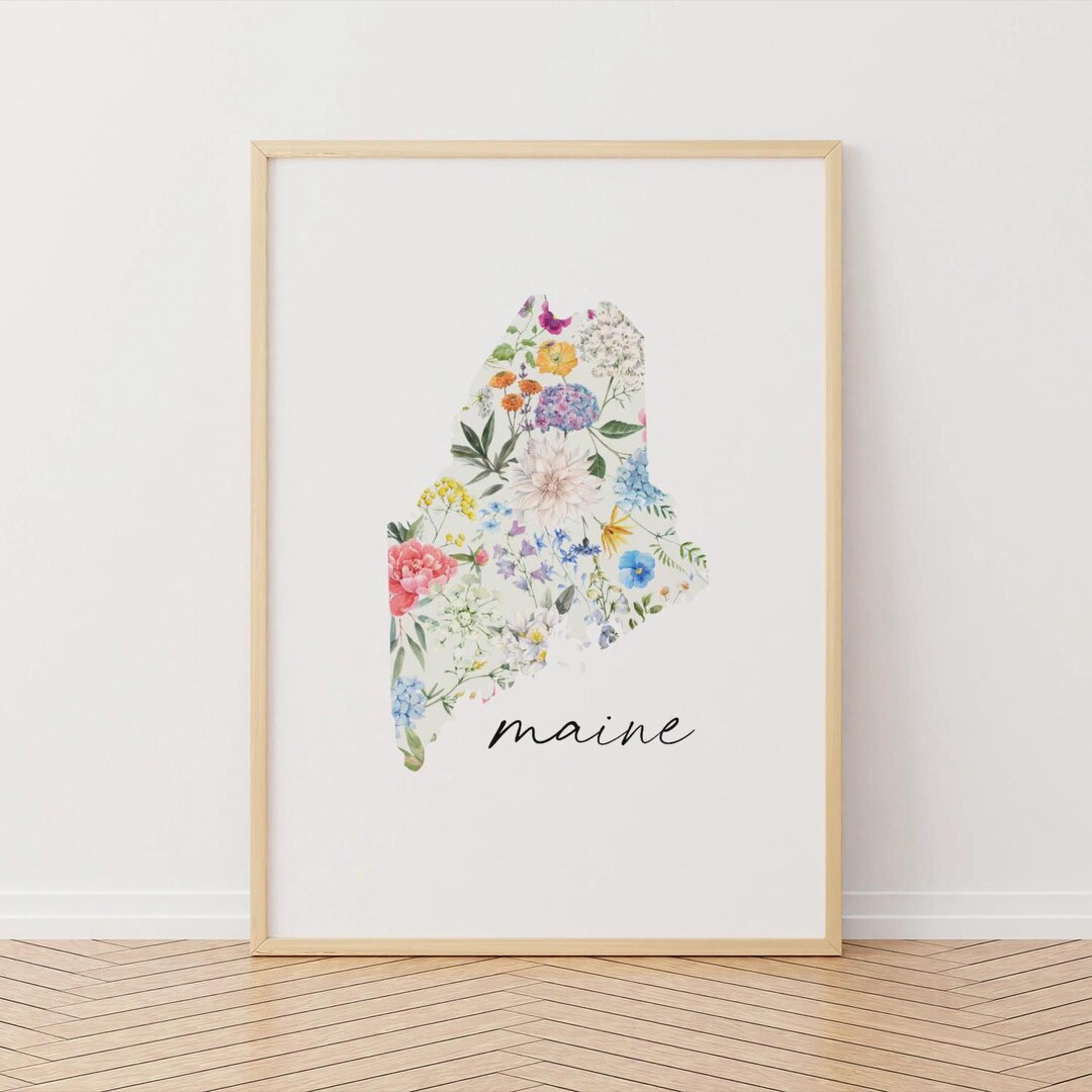 Maine Floral Map Printable, USA State Art, Digital Download, Custom ...