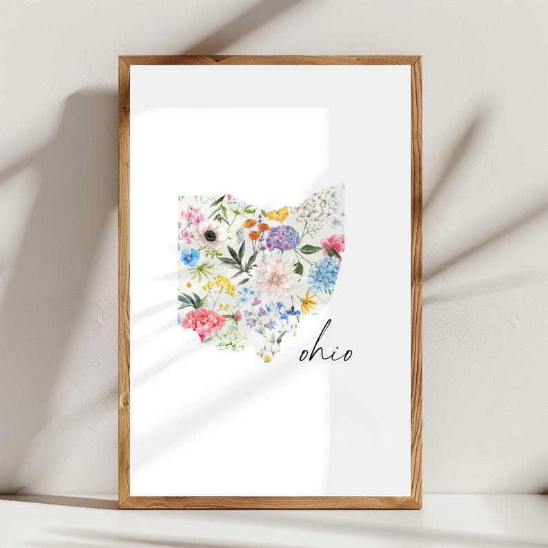 Ohio Floral Map Printable, USA State Art, Digital Download, Custom Size ...