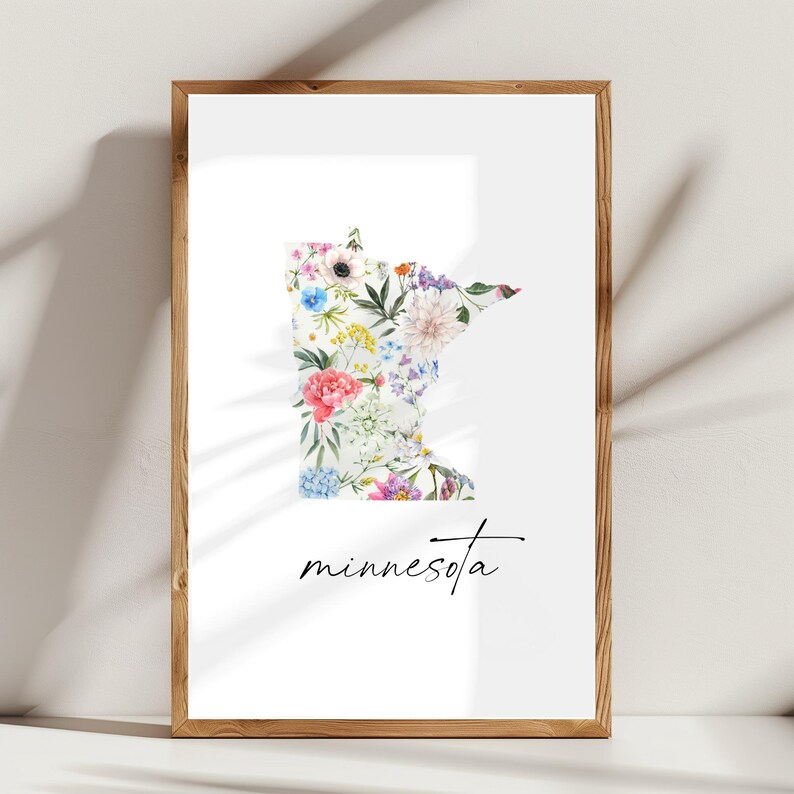 Minnesota Floral Map Printable, USA State Art, Digital Download ...