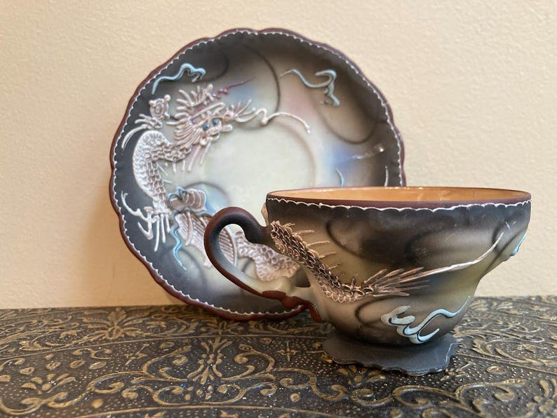 Vintage Dragonware Moriage Tea Cup Hand Painted Orange Glazed Raised ...