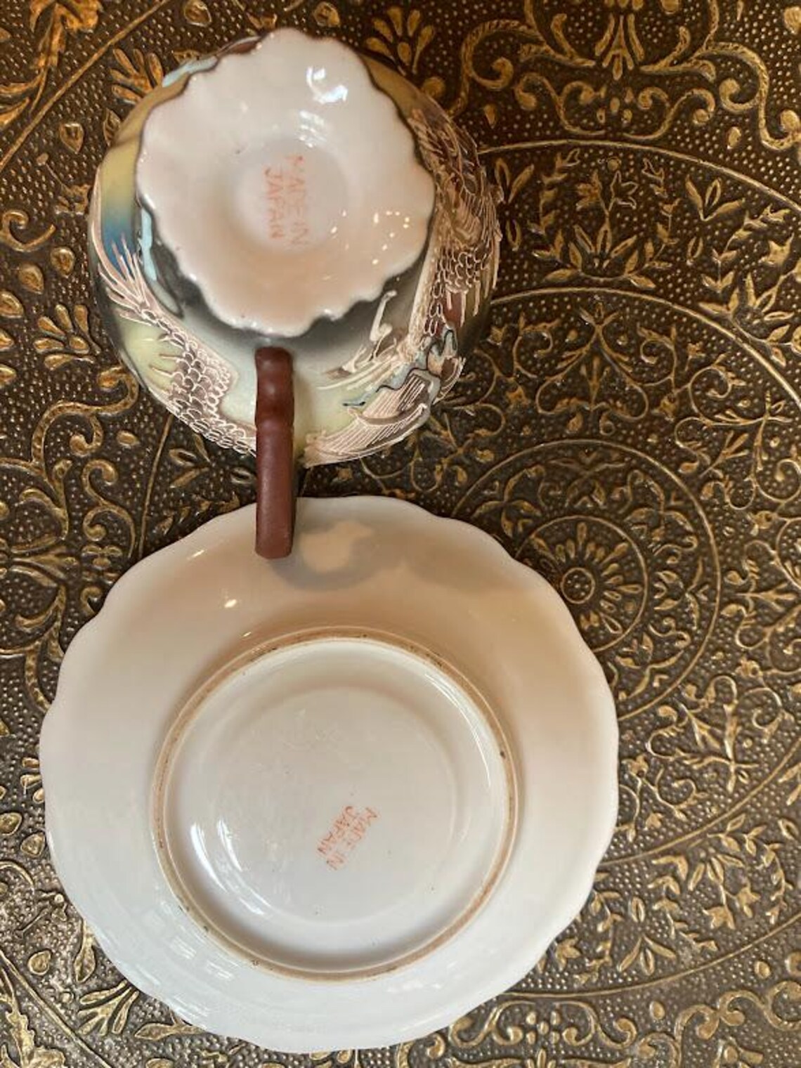 Vintage Dragonware Moriage Tea Cup Hand Painted Orange Glazed Raised ...