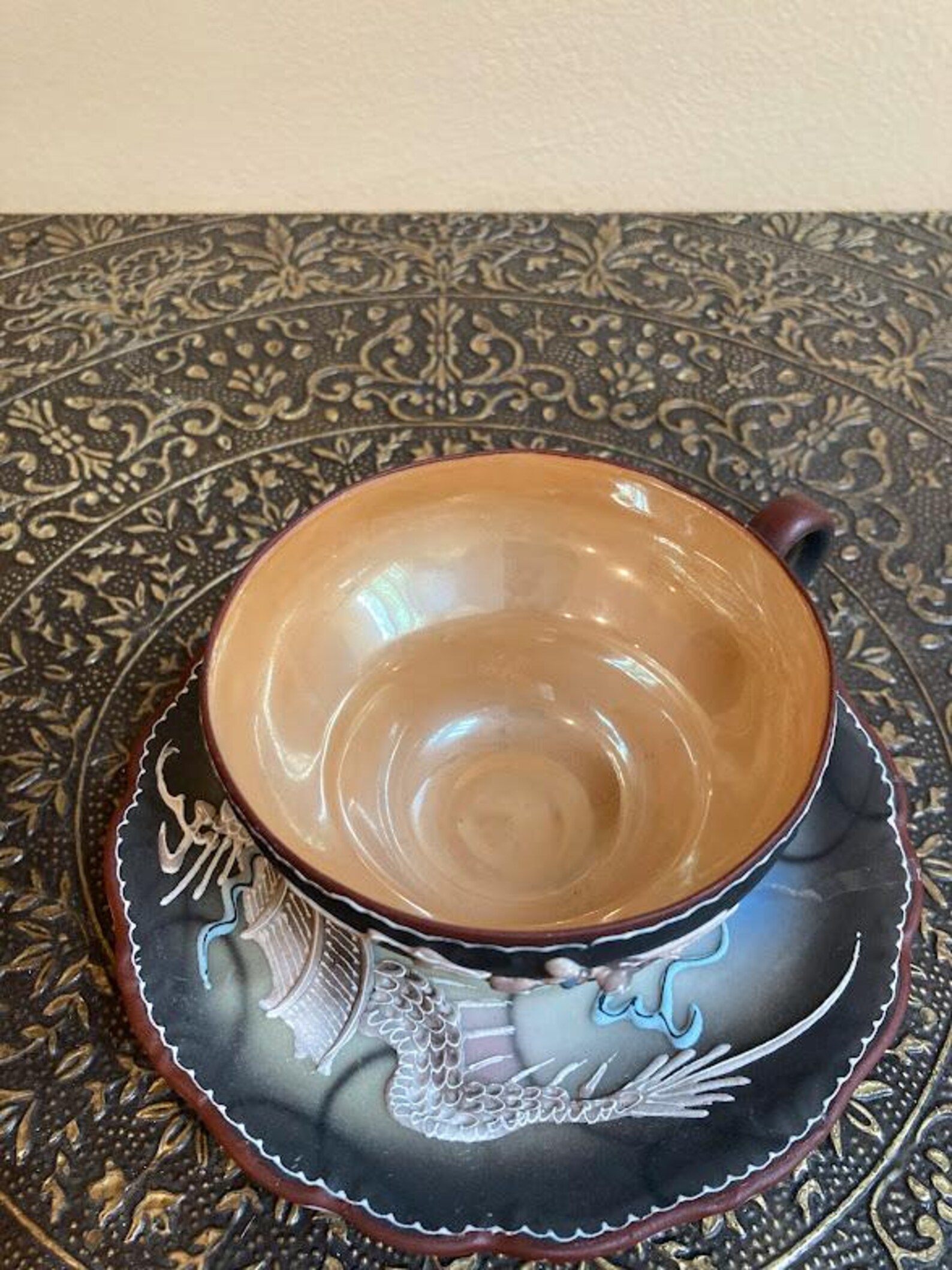 Vintage Dragonware Moriage Tea Cup Hand Painted Orange Glazed Raised ...