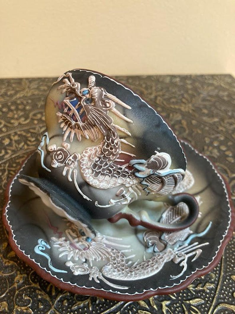 Vintage Dragonware Moriage Tea Cup Hand Painted Orange Glazed Raised ...