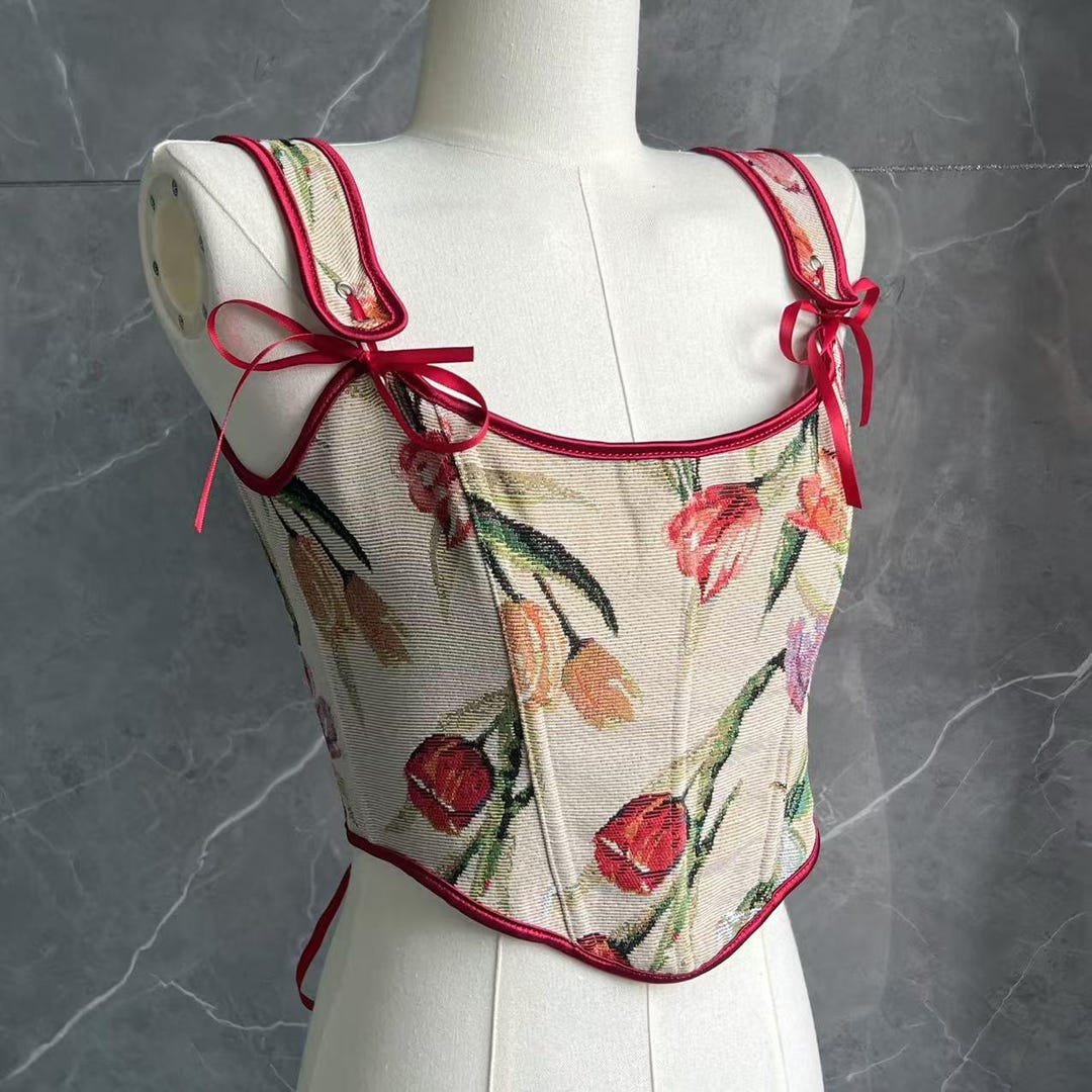 Vintage Floral Corset, Renaissance Corset Floral Vest, Fishbone Lace ...