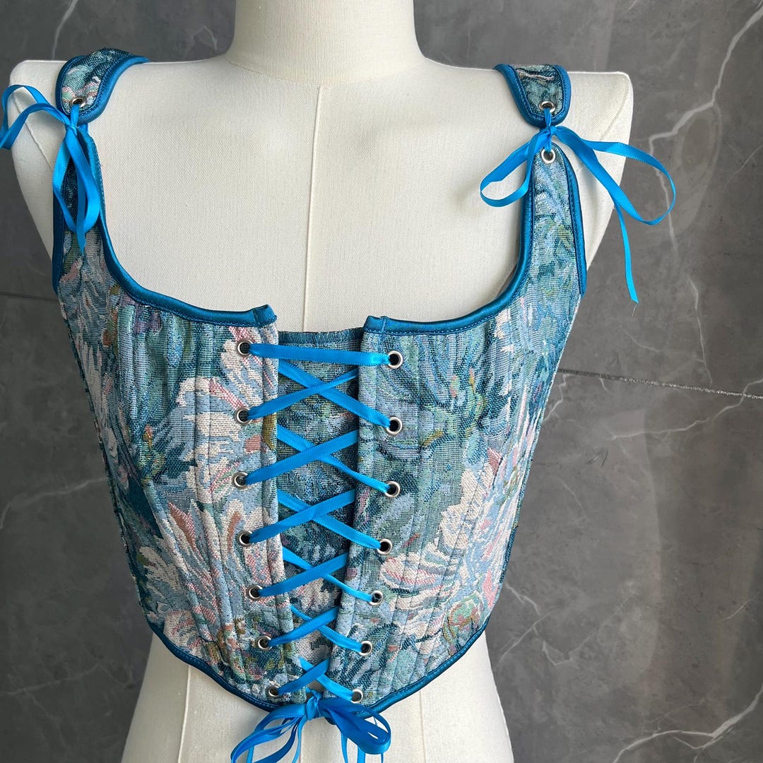 Blue Floral Corset, Renaissance Style Tight Corset, Retro Floral Top ...