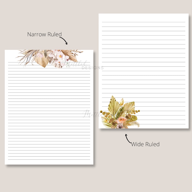 Boho Lined Floral Stationery, Letter Writing Stationery, Neutral Pampas ...