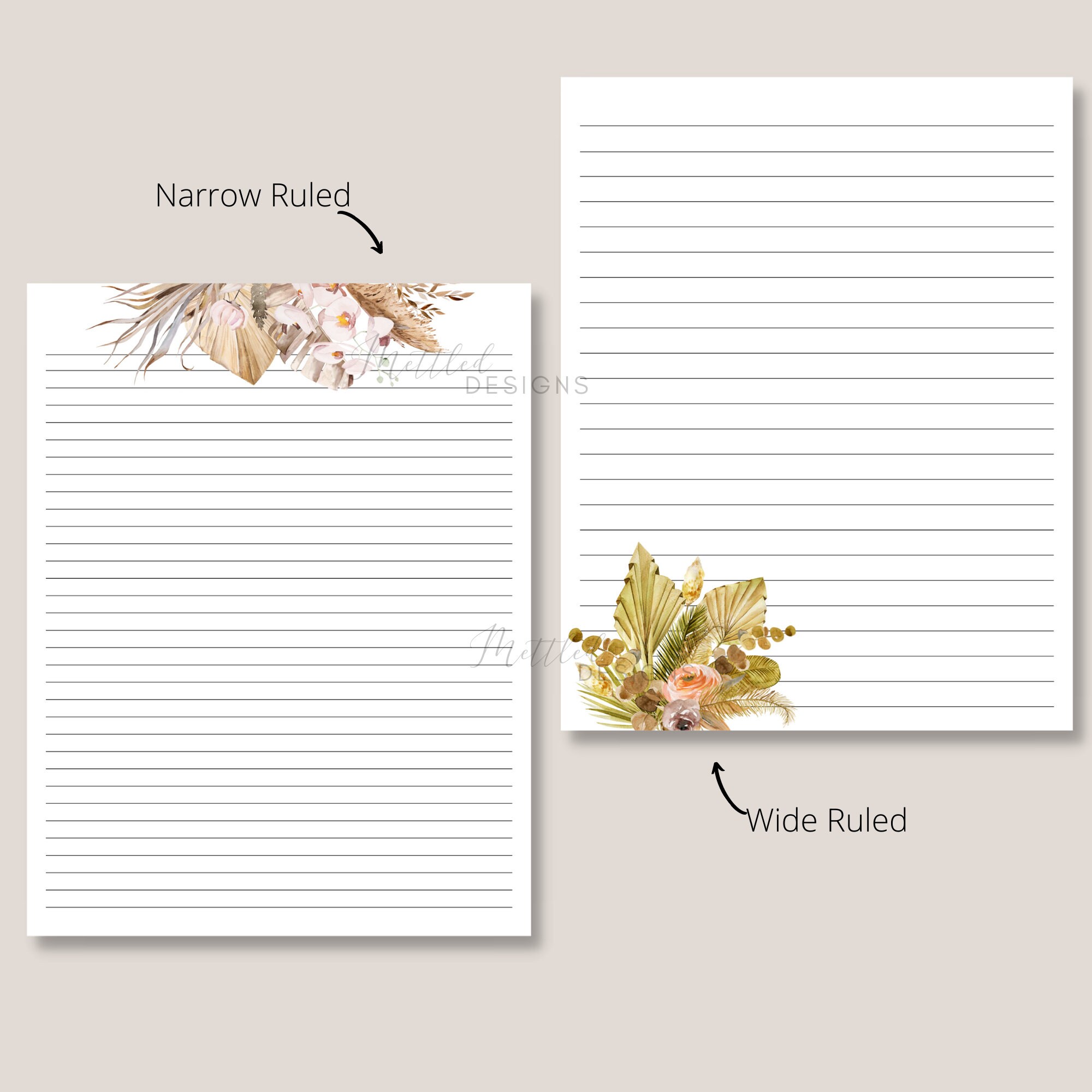 Boho Lined Floral Stationery, Letter Writing Stationery, Neutral Pampas ...