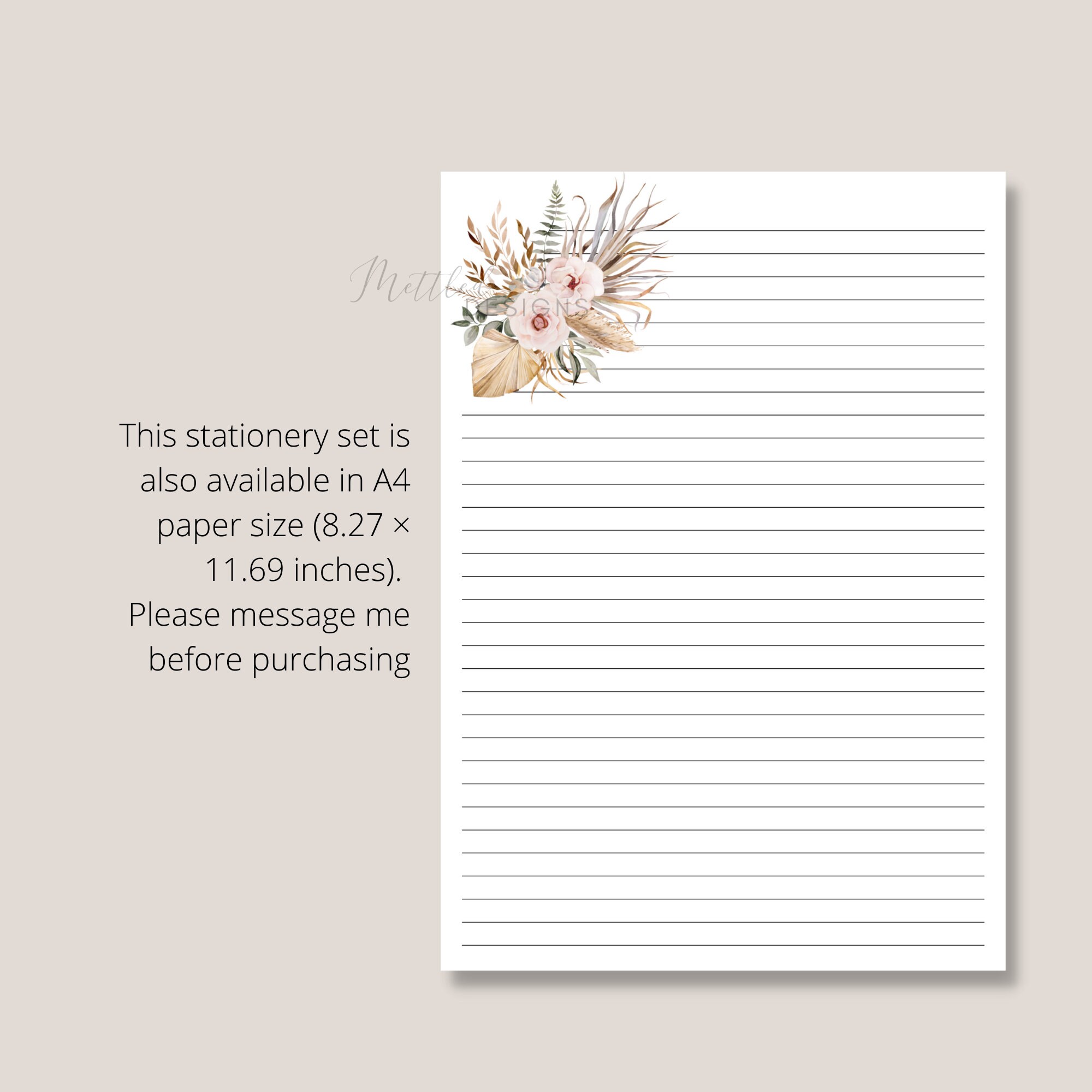 Boho Lined Floral Stationery, Letter Writing Stationery, Neutral Pampas ...