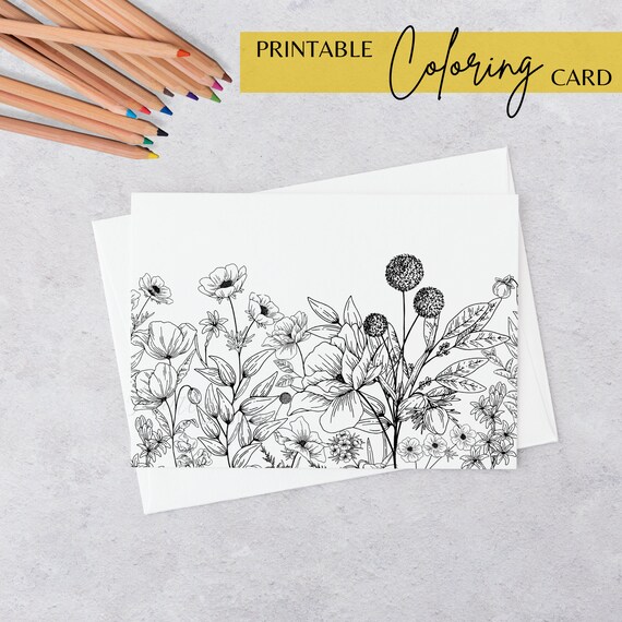 Printable Floral Coloring Card Digital Download Adult and Kid | Etsy