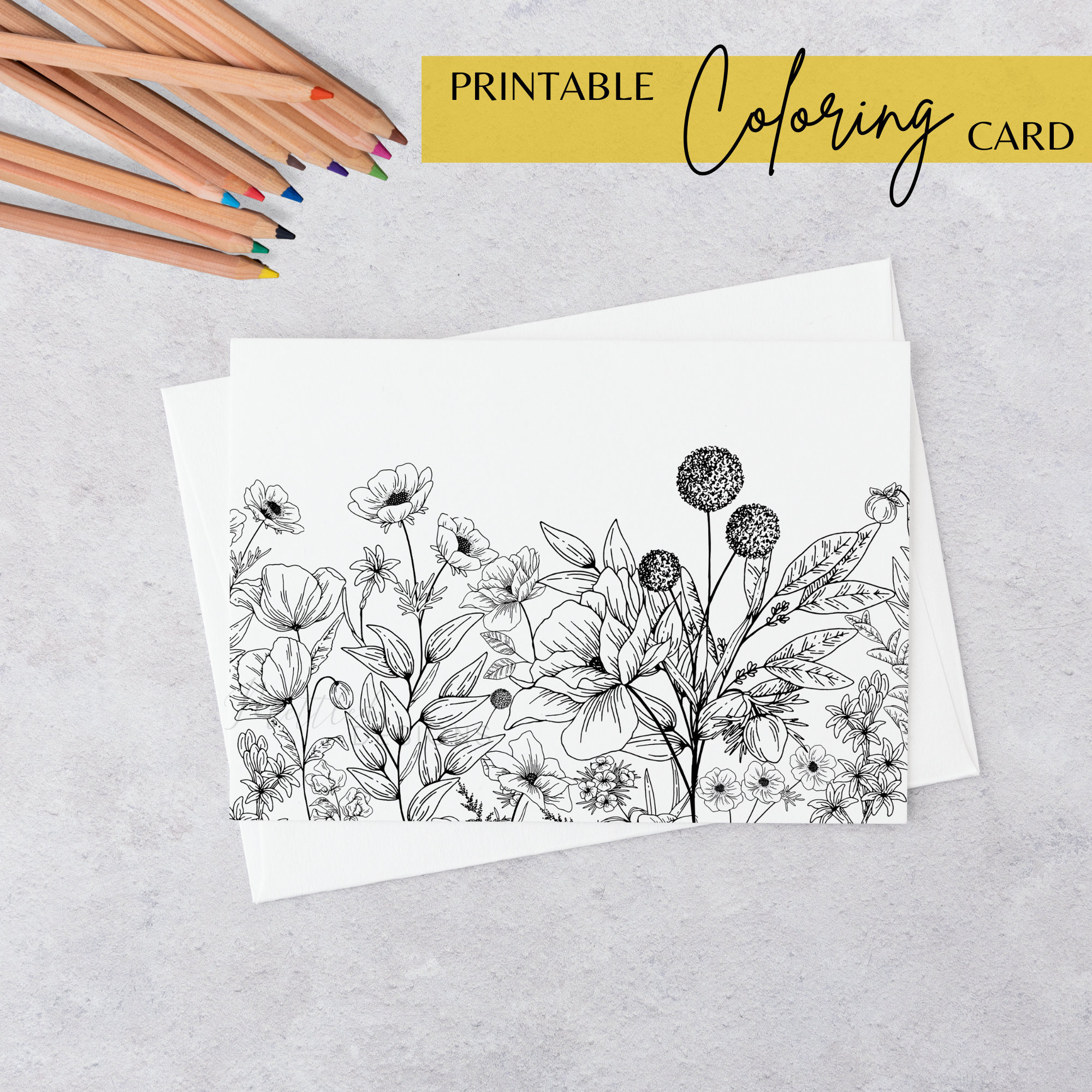 Printable Floral Coloring Card, Digital Download Adult and Kid Coloring ...