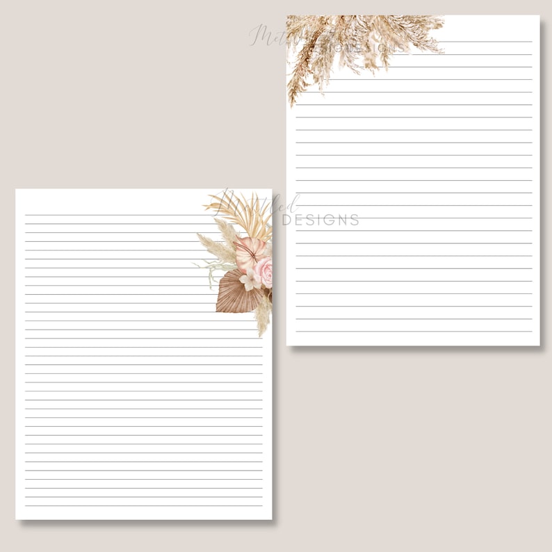 Boho Lined Floral Stationery, Letter Writing Stationery, Neutral Pampas ...