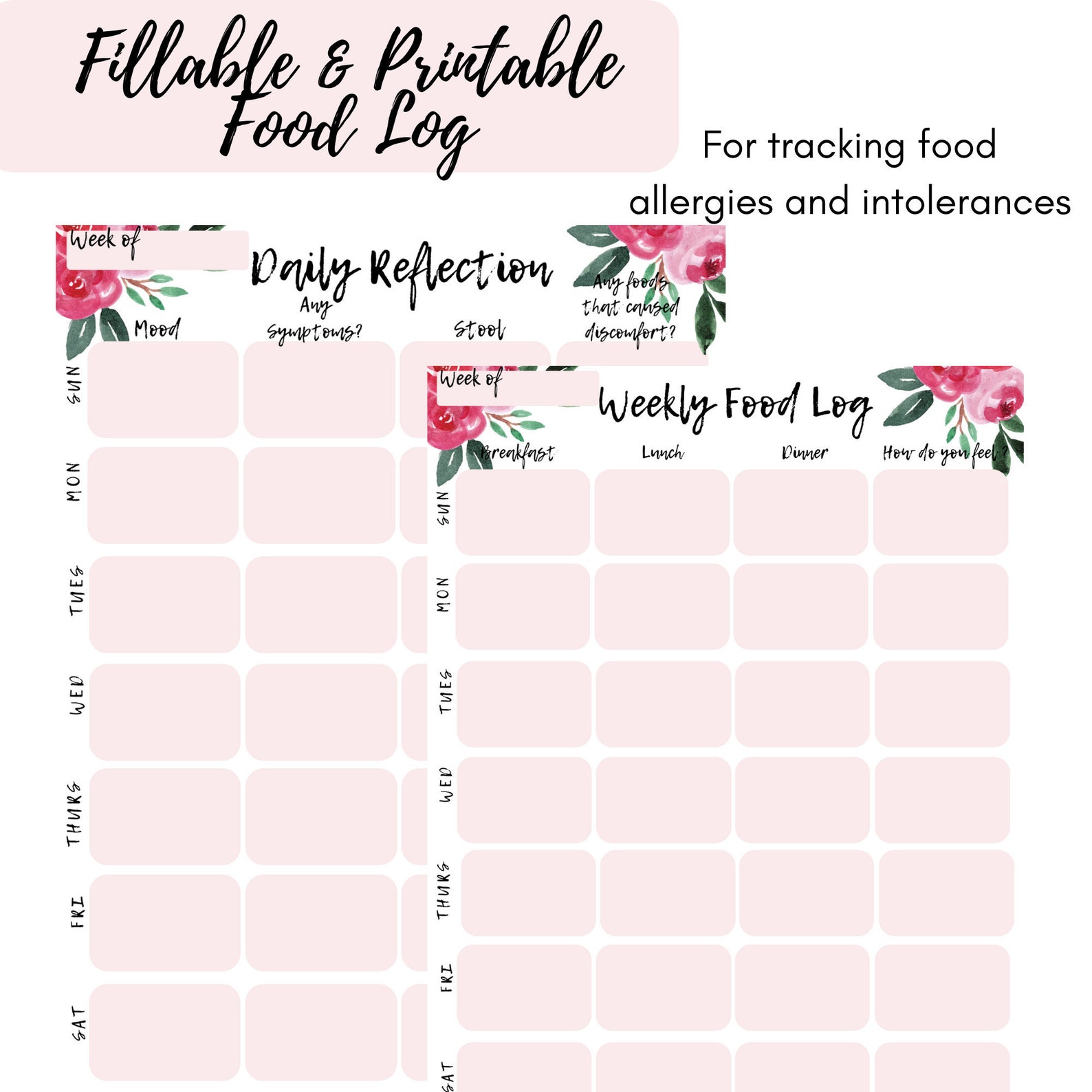 Fillable and Printable Food Log Food Tracker for Intolerances | Etsy