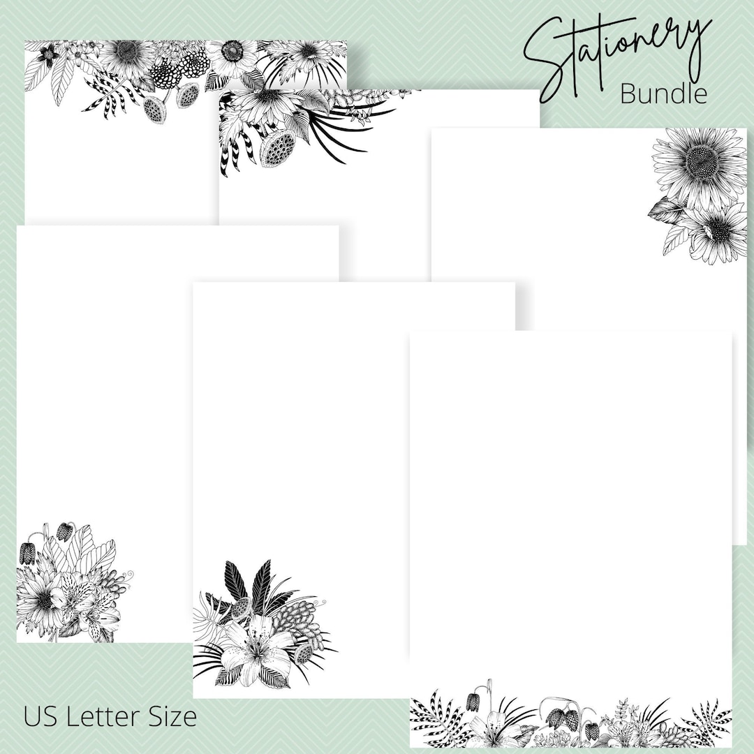 Unlined Floral Stationery, Black and White Letter Writing Stationery ...