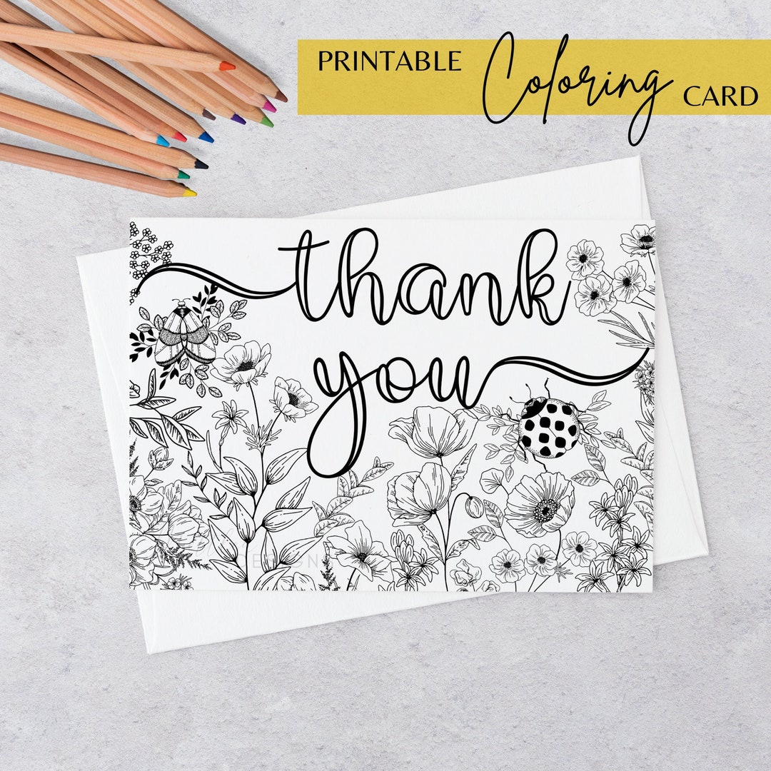 Printable Floral Thank You Coloring Card, Digital Download Adult and ...
