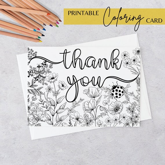Printable Floral Thank You Coloring Card Digital Download - Etsy