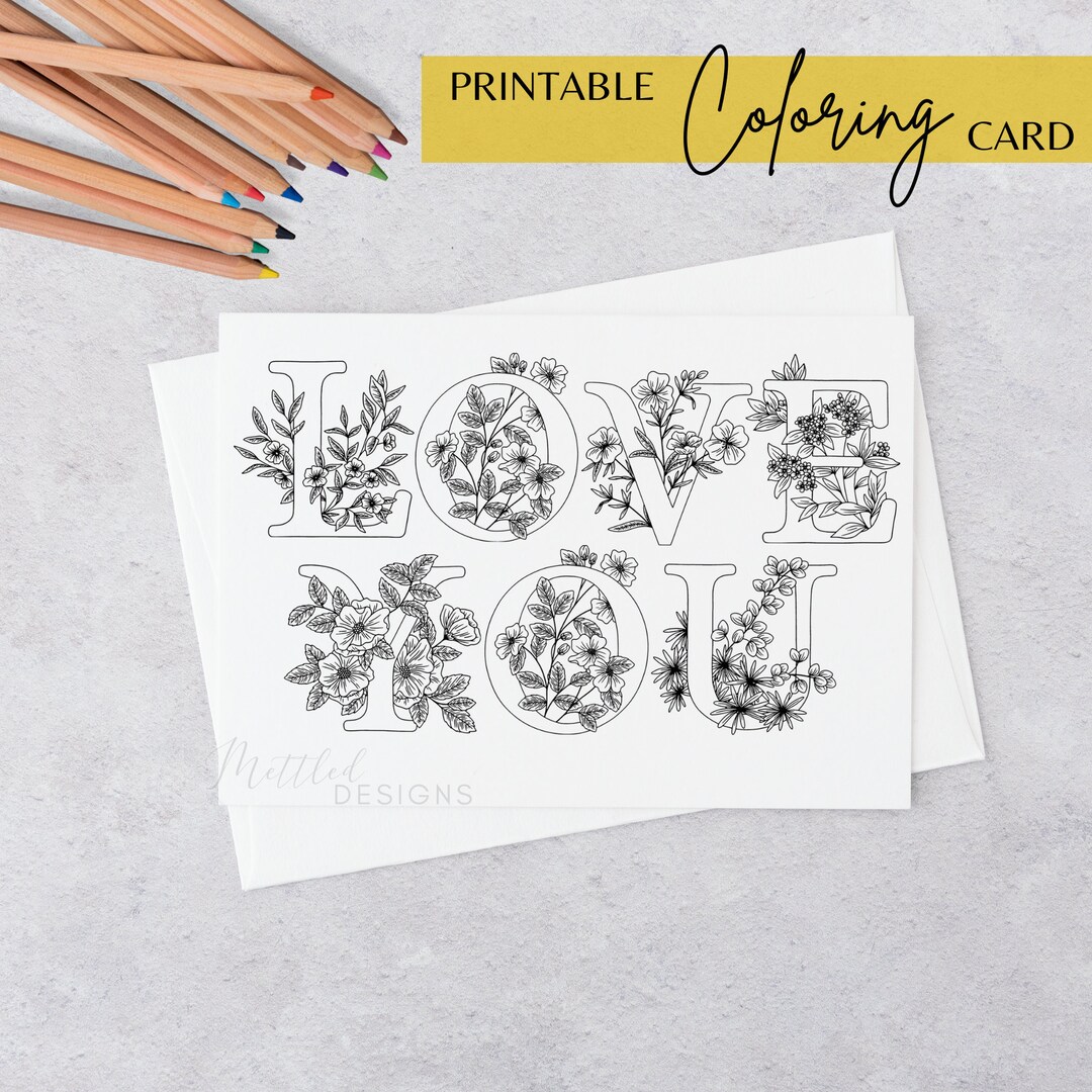 Printable Floral Coloring Card, Digital Download Adult and Kid Coloring ...