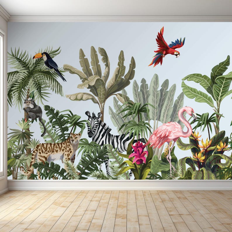 Jungle Theme Mural, Jungle Wallpaper, Watercolor Jungle Premium ...