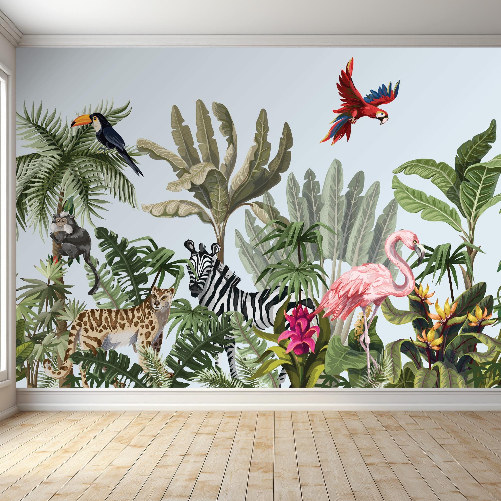 Jungle Theme Mural, Jungle Wallpaper, Watercolor Jungle Premium ...