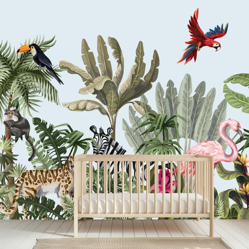 Jungle Theme Mural, Jungle Wallpaper, Watercolor Jungle Premium ...