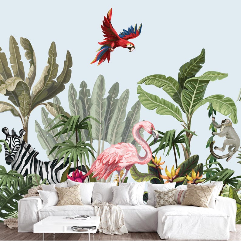 Jungle Theme Mural, Jungle Wallpaper, Watercolor Jungle Premium ...