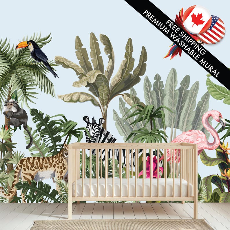 Jungle Theme Mural, Jungle Wallpaper, Watercolor Jungle Premium ...