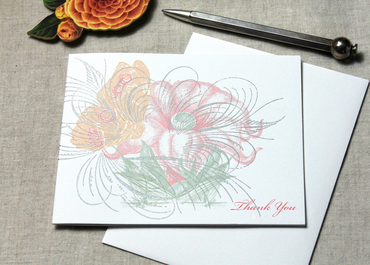 Thank You Flower and Butterfly Blank Letterpress Card - Etsy
