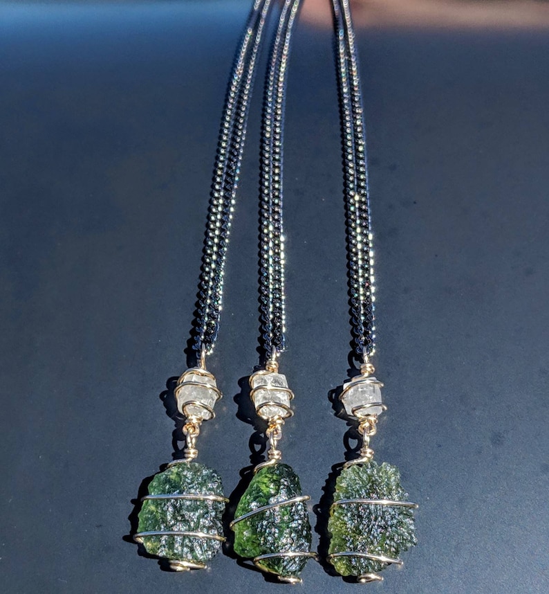 MOLDAVITE & PHENACITE NECKLACE in Real Gold Phenakite 12 Kt | Etsy