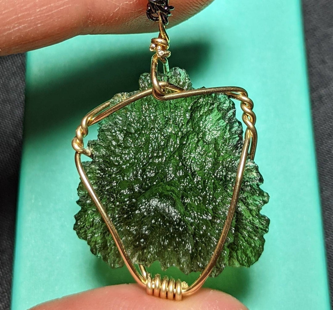 Large Moldavite Necklace in 14 Kt Gold Moldavite Pendant Certificate of ...