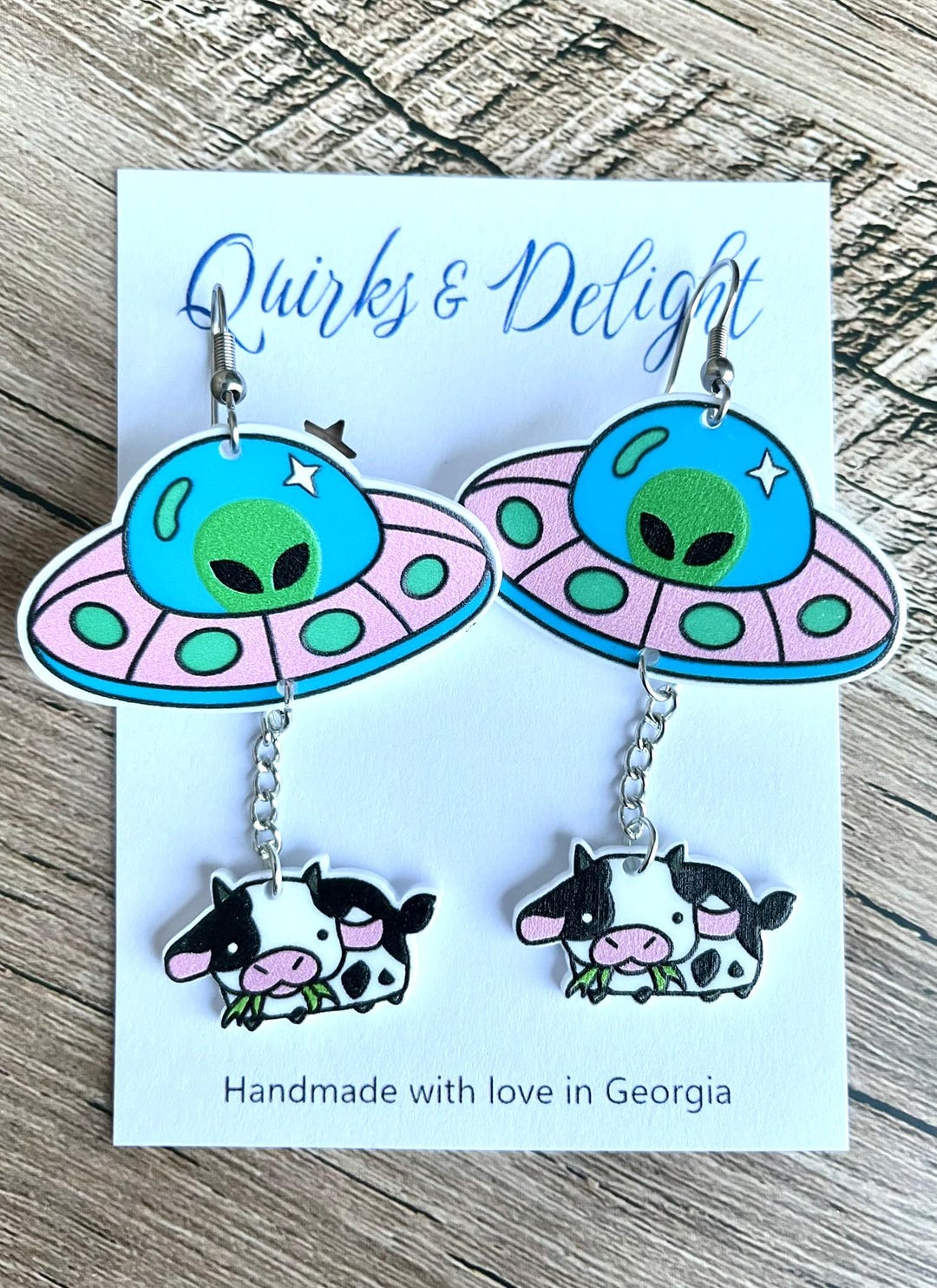 UFO Alien Abduction Earrings / Funny Cow Abduction Hanging Earring ...
