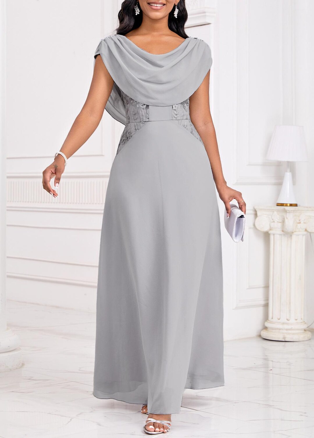 Elegant Light Grey Maxi Dress With Draped Neck and Sleeveless Patchwork ...