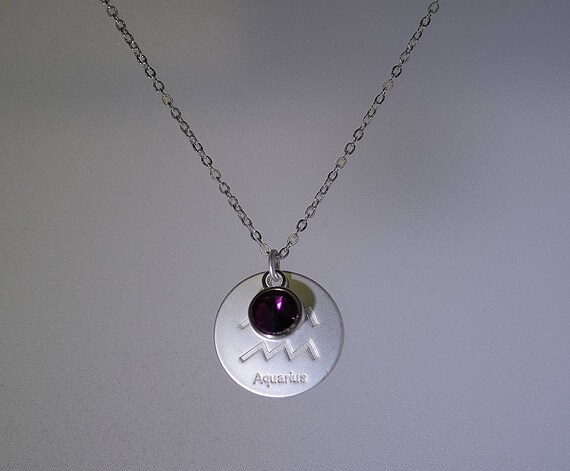 Zodiac Pendant W Birthstone Necklace All Signs Available Shown W Aquarius Swarovski Rivoli 2 Sided Pendant Silver Filled Chain Etsy