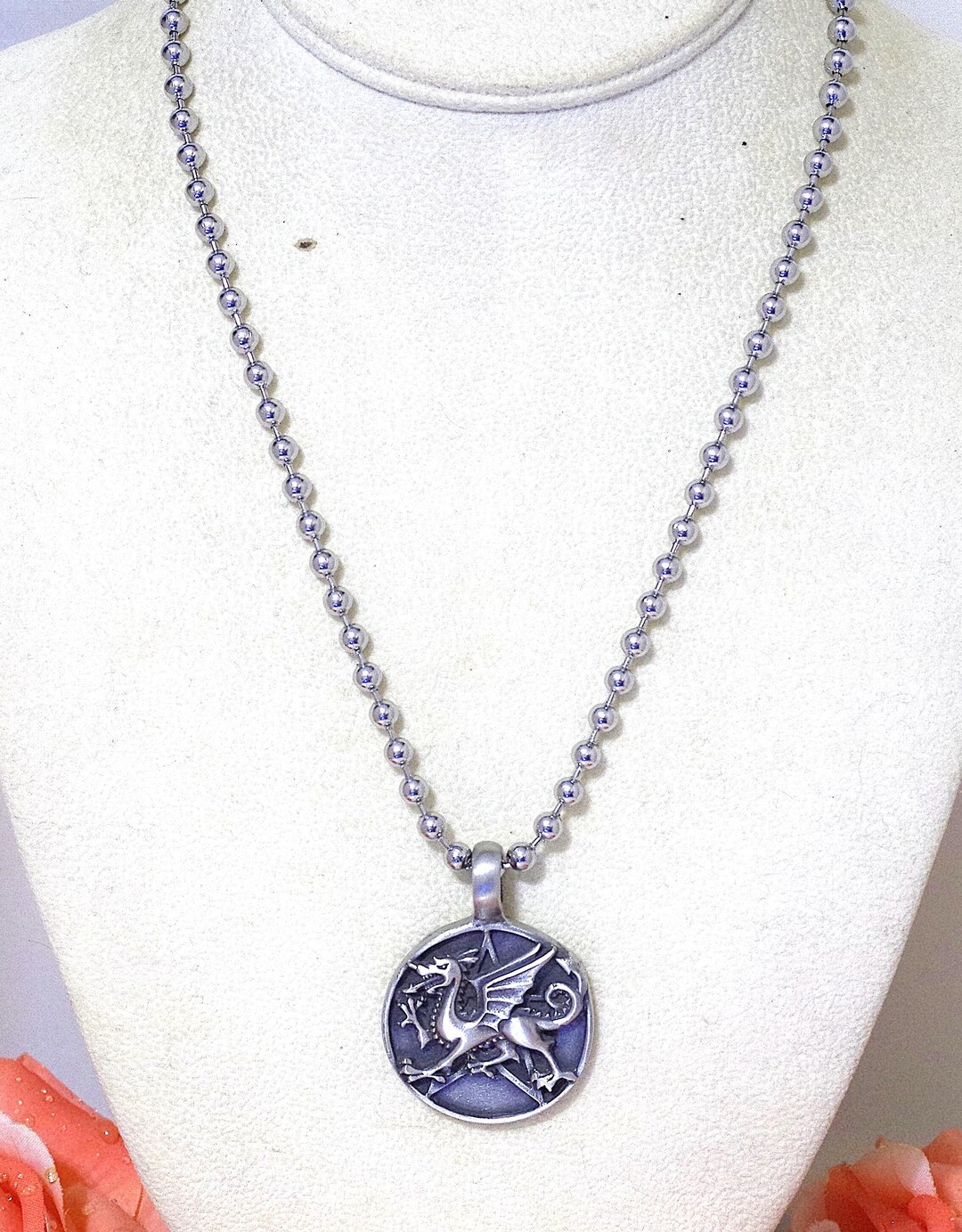 Pewter Dragon Pendant on Stainless Steel Ball Chain Necklace - UNISEX ...