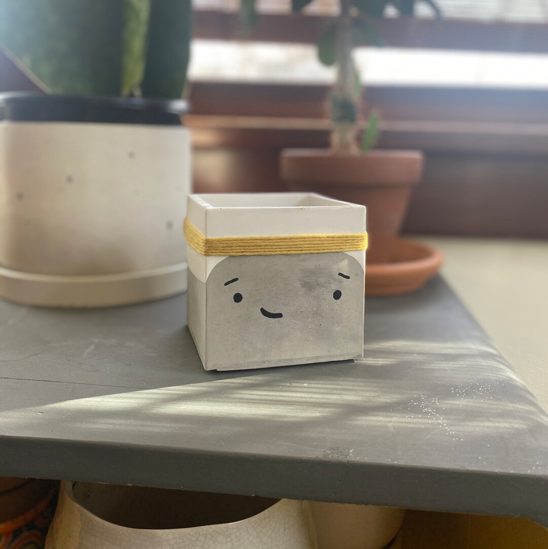 3" Square Flower Pot Friend // Pencil Holder // Yarn Wrapped Concrete ...