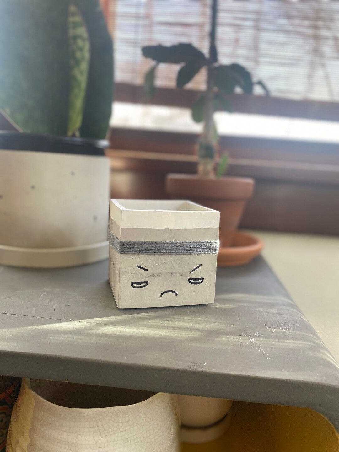 3" Square Flower Pot Friend // Pencil Holder // Yarn Wrapped Concrete ...